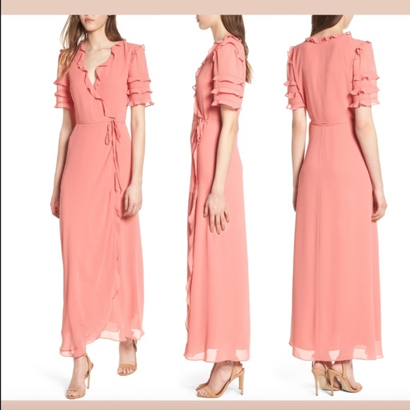 Wayf | Dresses | New 38 Wayf Coral Rose Ruffle Wrap Dress Gown Sz ...